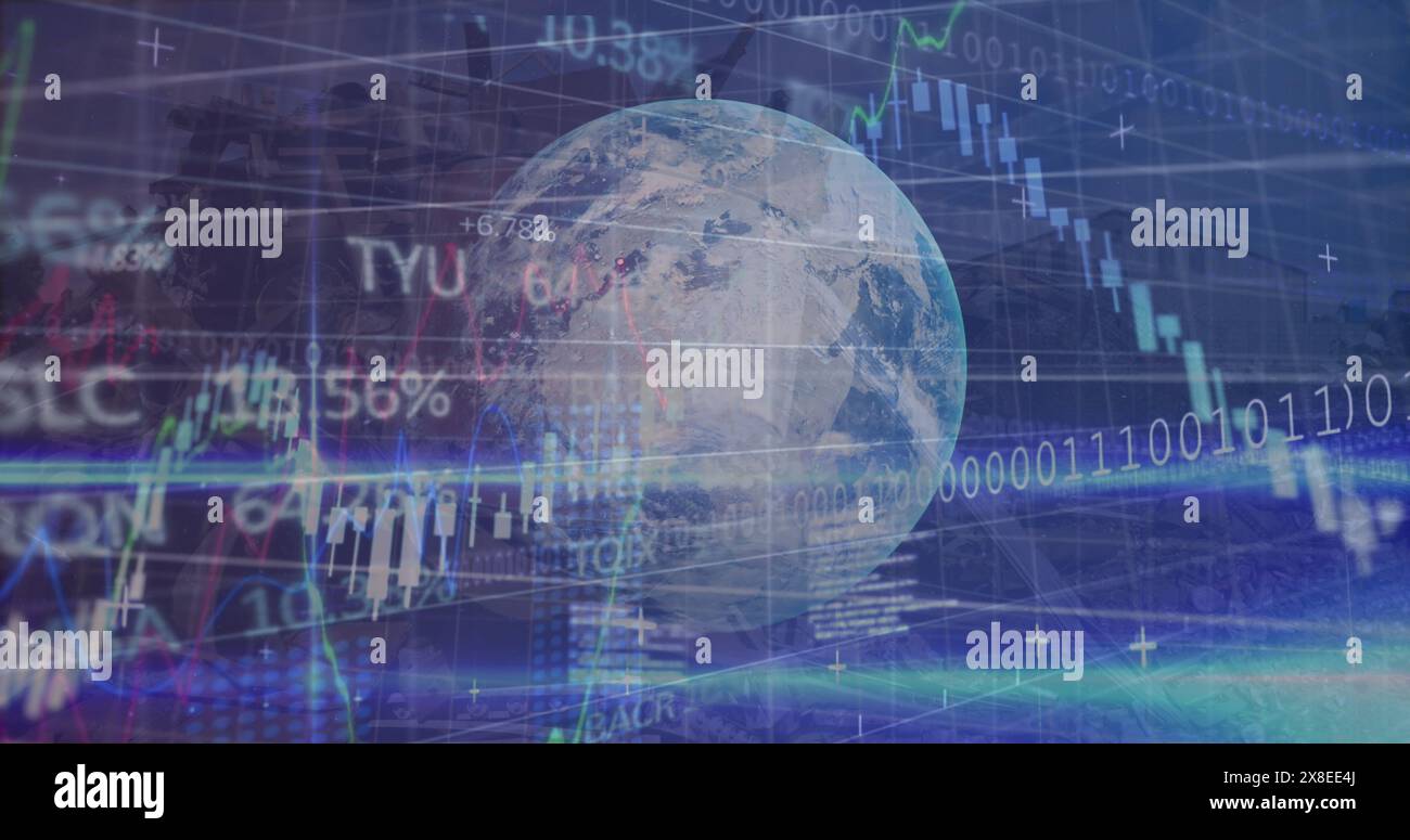 Digital data and stock numbers encircle a globe, symbolizing global finance Stock Photo - Alamy