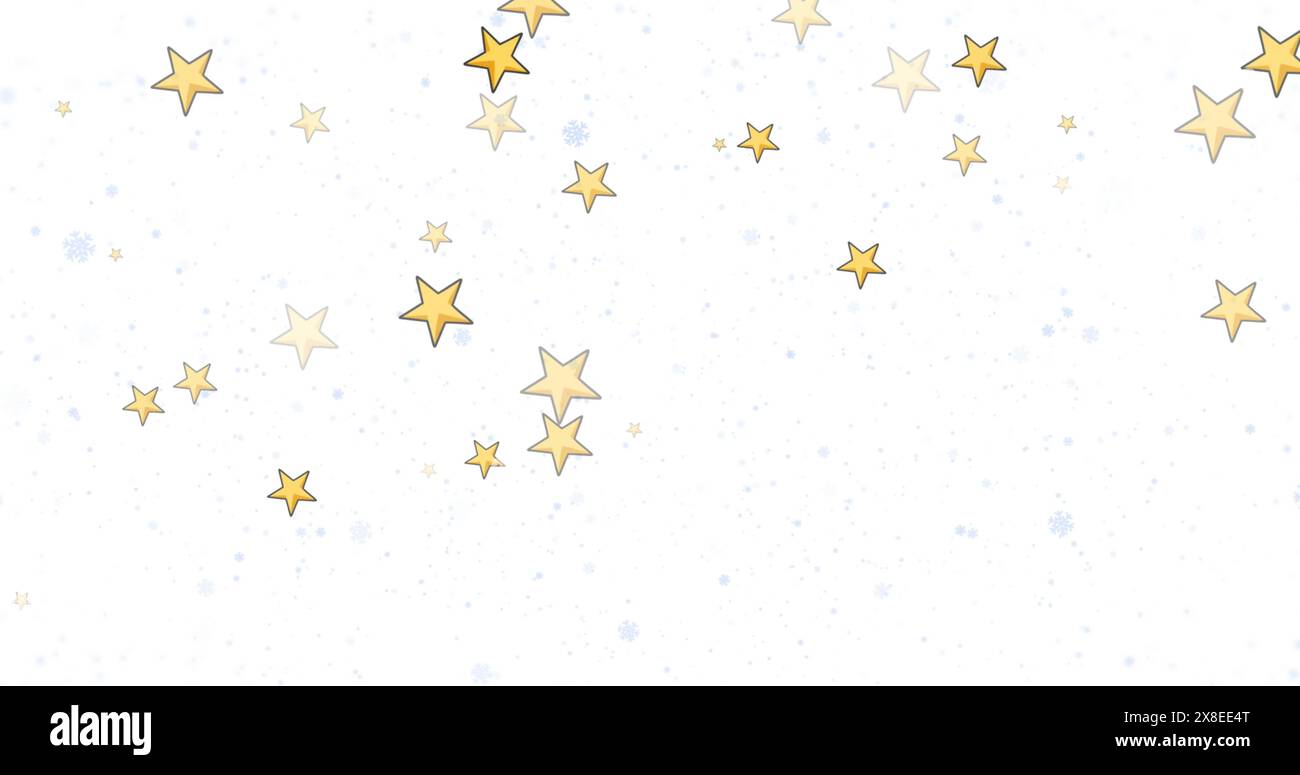 Image of snow falling over stars on white background Stock Photo - Alamy