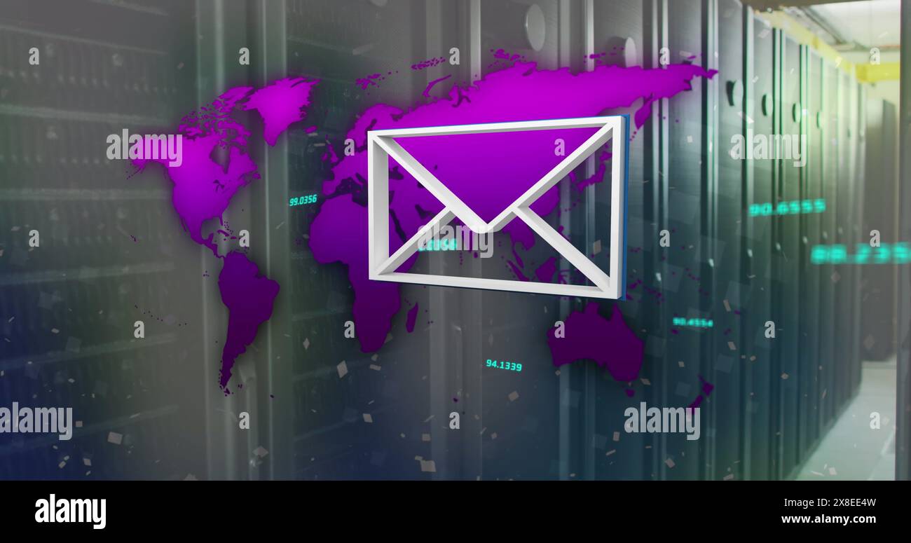 Image of envelope icon with illuminated map, digits and falling ...
