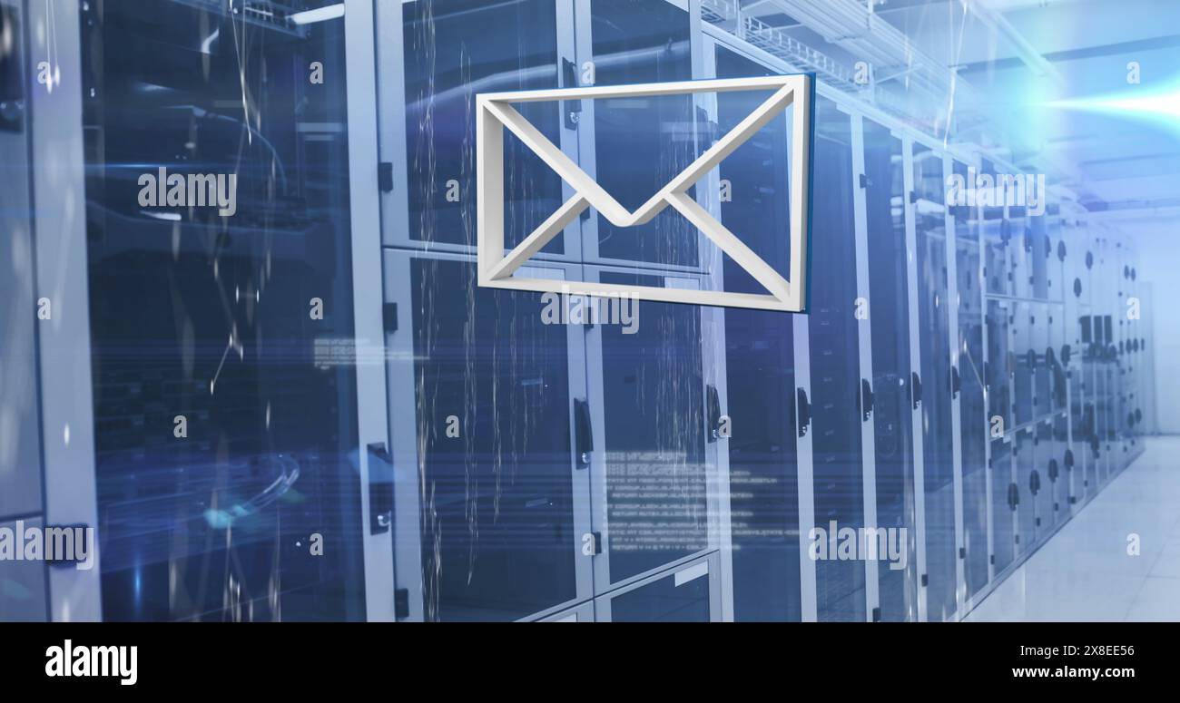 Envelope icon above server racks represents email storage Stock Photo ...