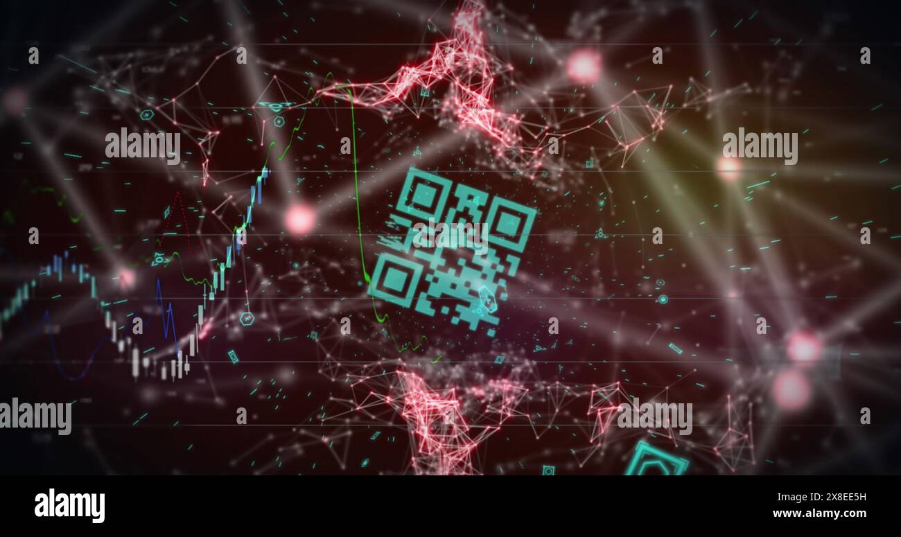 Image of flickering qr code over network of connections and neon lights ...