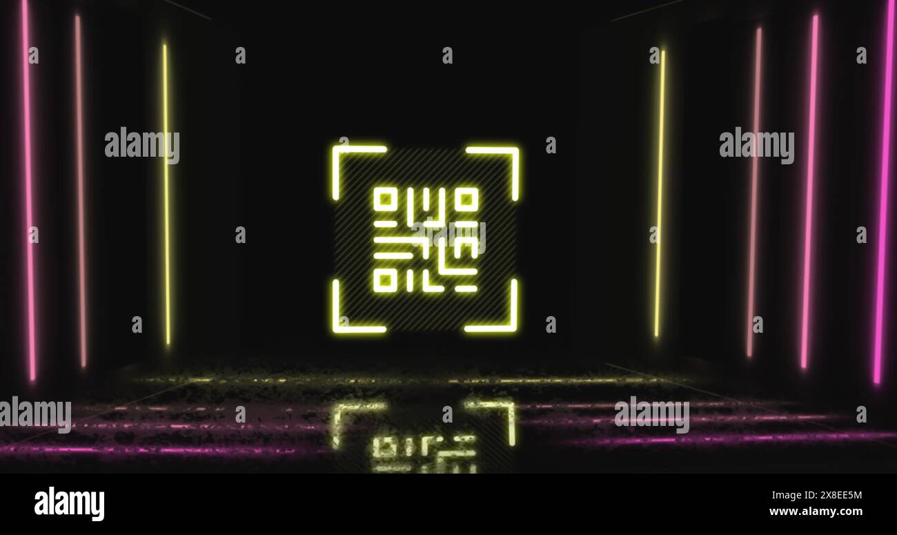 Image of neon qr code scanner and light trails against black background ...