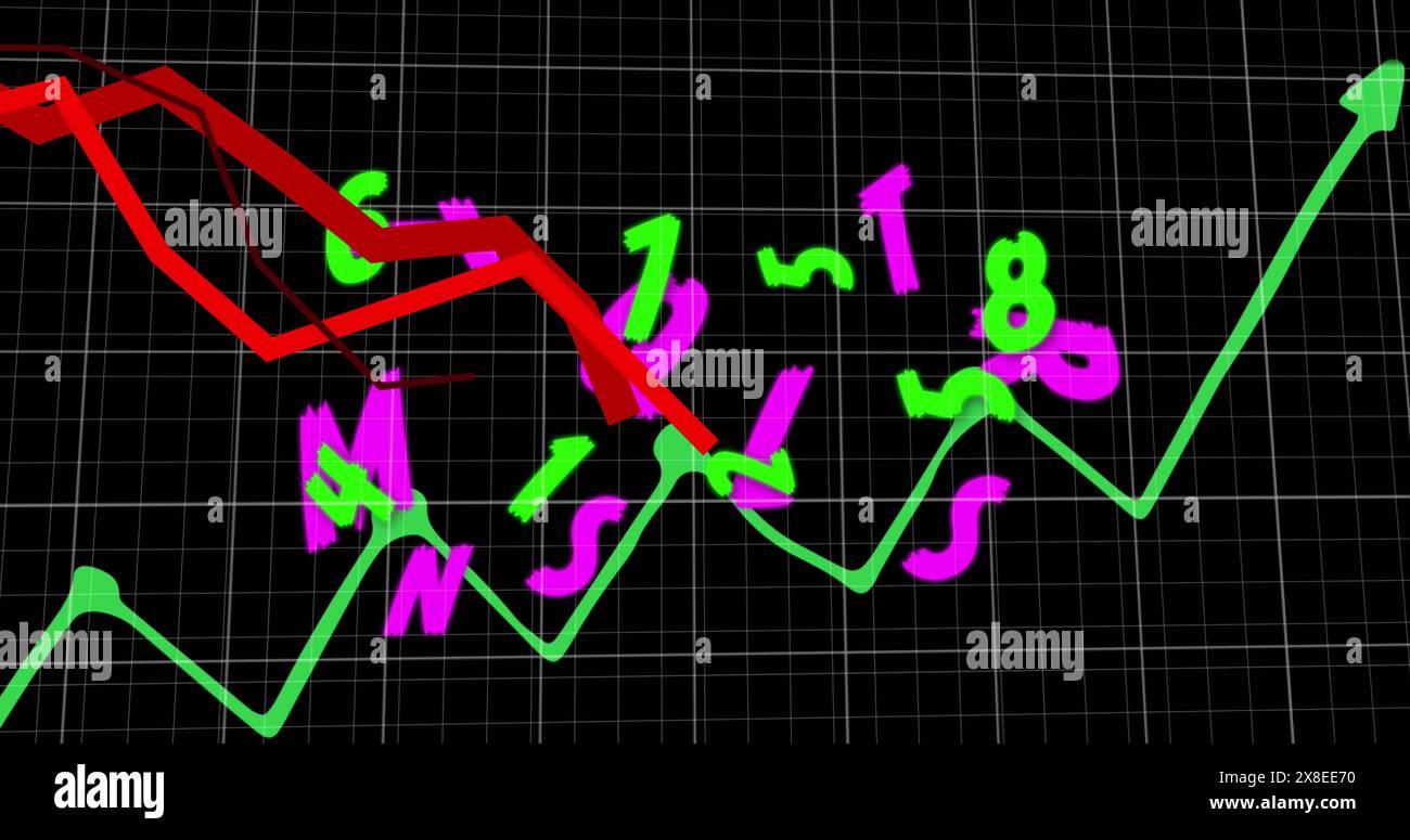 Image of alphabets and numbers over multiple graphs against black ...
