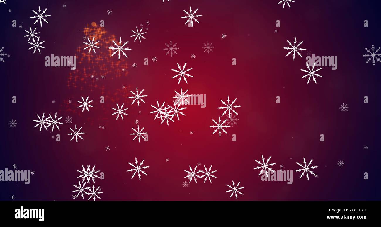 Image of falling snowflakes over lens flare forming christmas tree ...