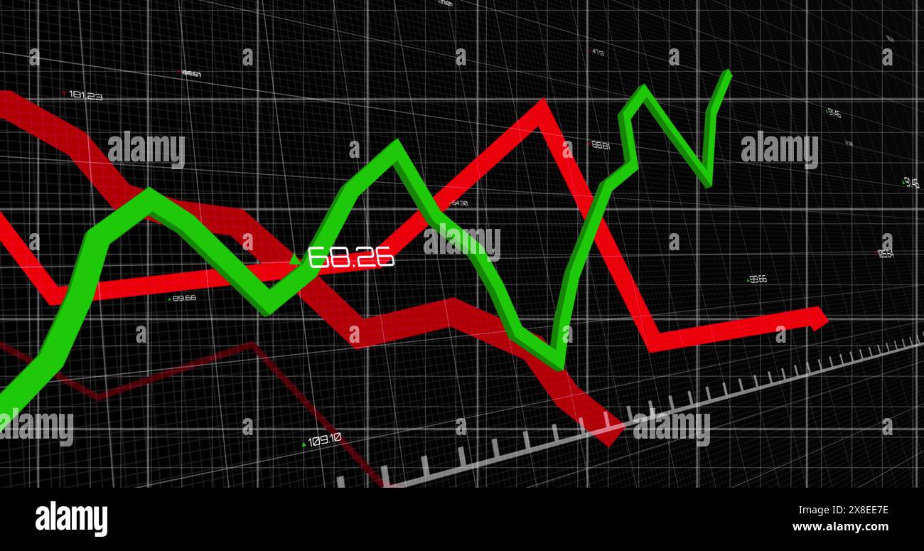 Image of statistics with red and green lines and data processing over ...