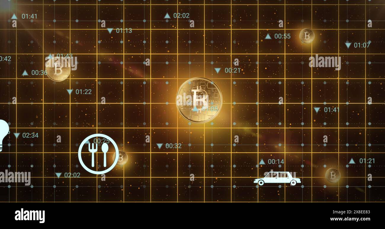 This image is an image of glowing gold bitcoin symbols over a yellow ...