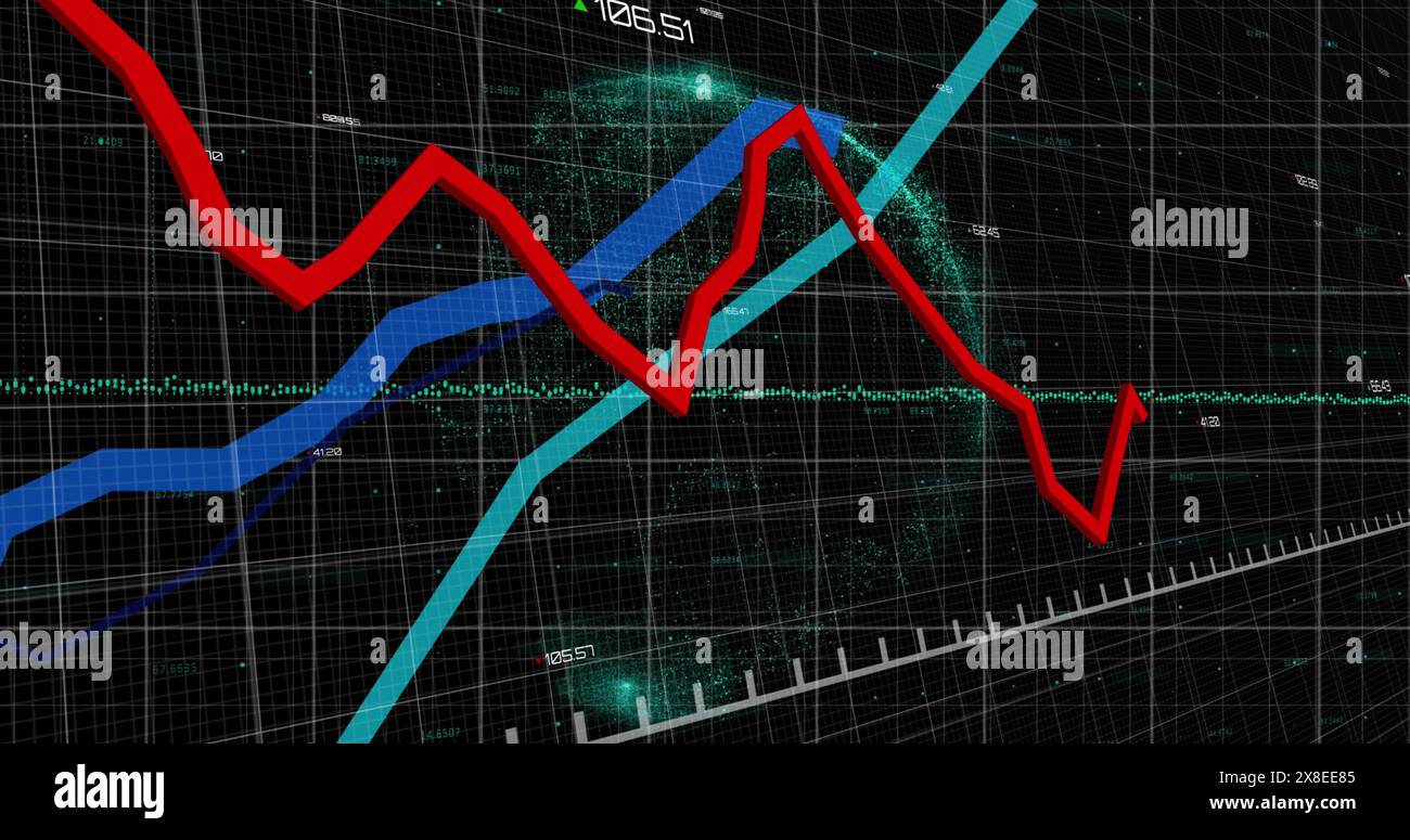 Image of statistics with red and blue lines and data processing over ...