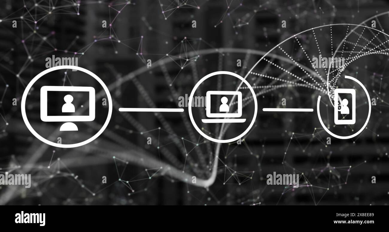 Image of dna strand spinning, icons and data processing over grid Stock ...