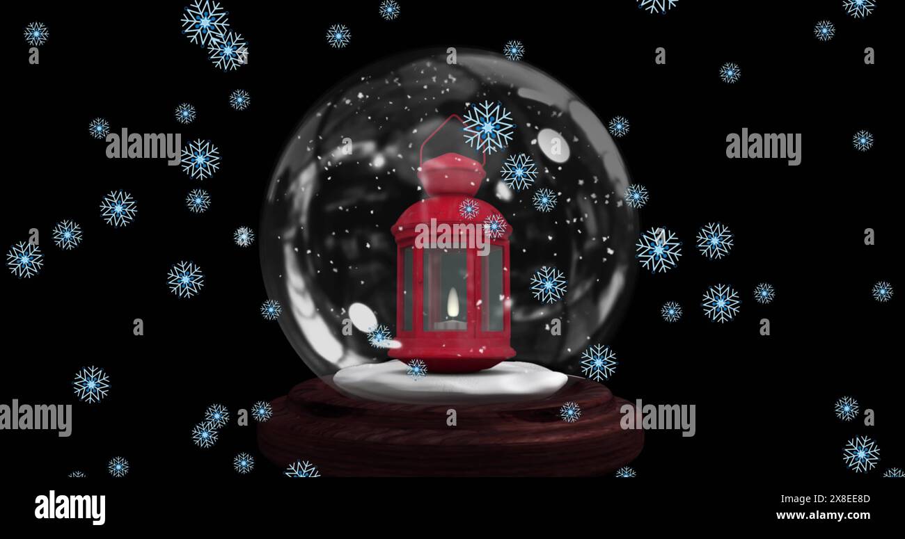 Image of snow flakes falling over christmas lamp in a snow globe ...
