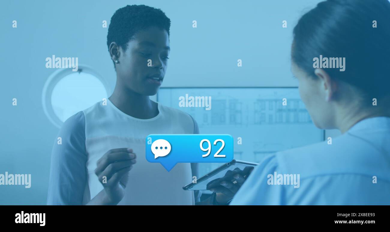 Image of social media icons with numbers over diverse business people ...