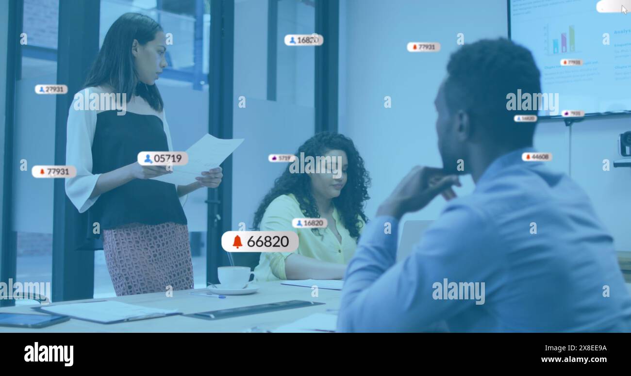 Image of social media icons with numbers over diverse business people ...