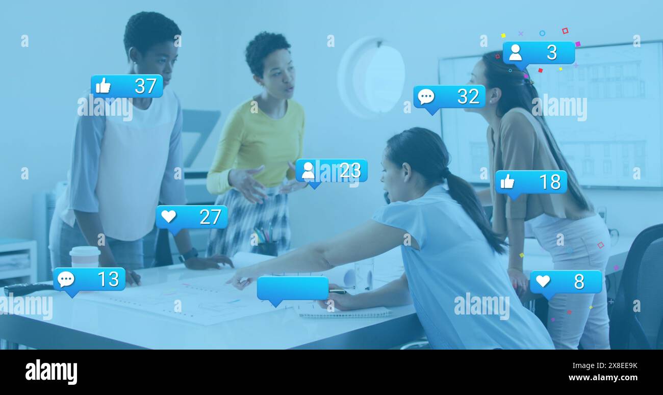 Image of social media icons with numbers over diverse business people ...