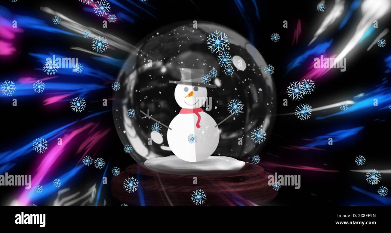 Image of snow flakes falling over snowman in a snow globe against ...