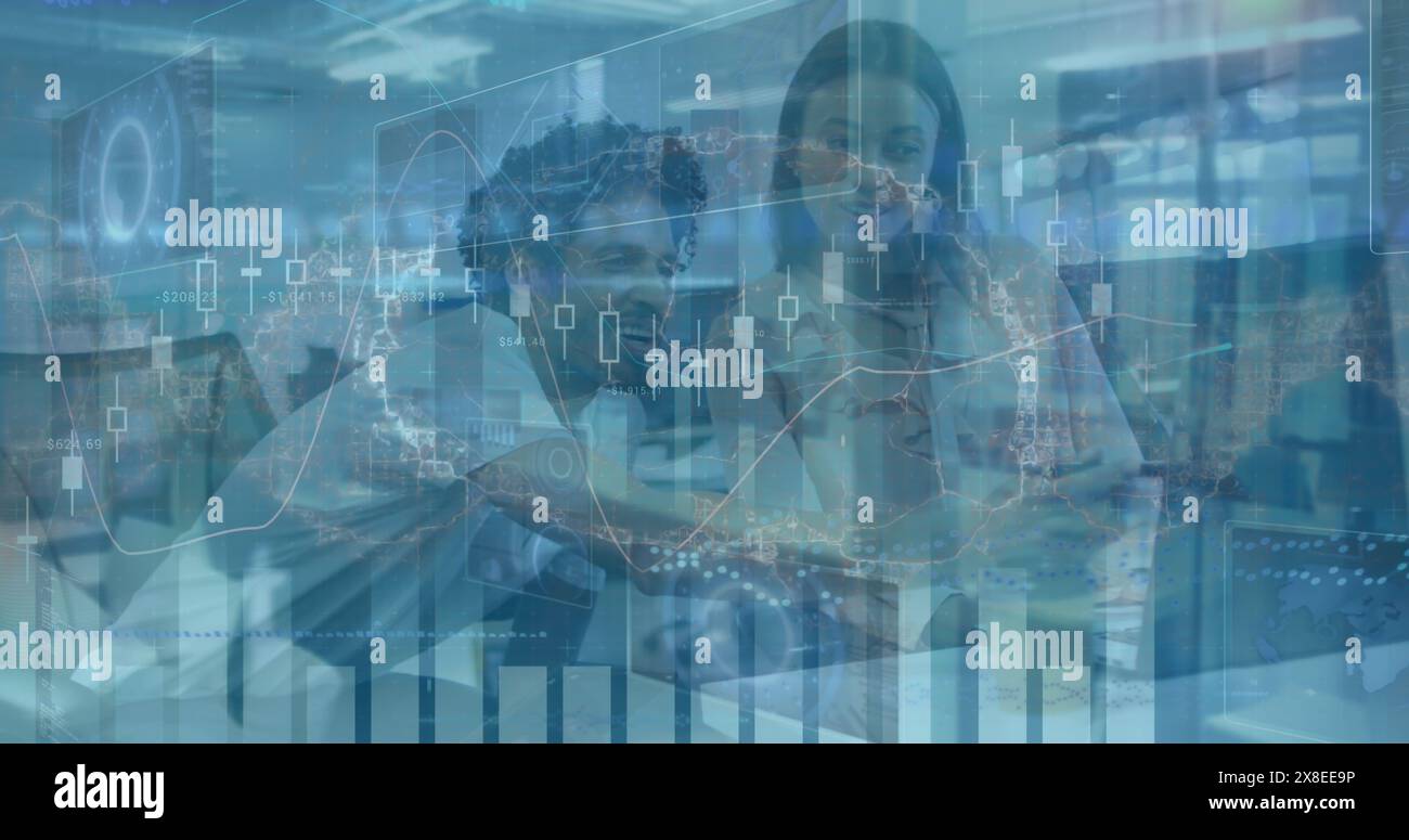 Image of human brain and data processing over diverse man and woman discussing at office Stock ...