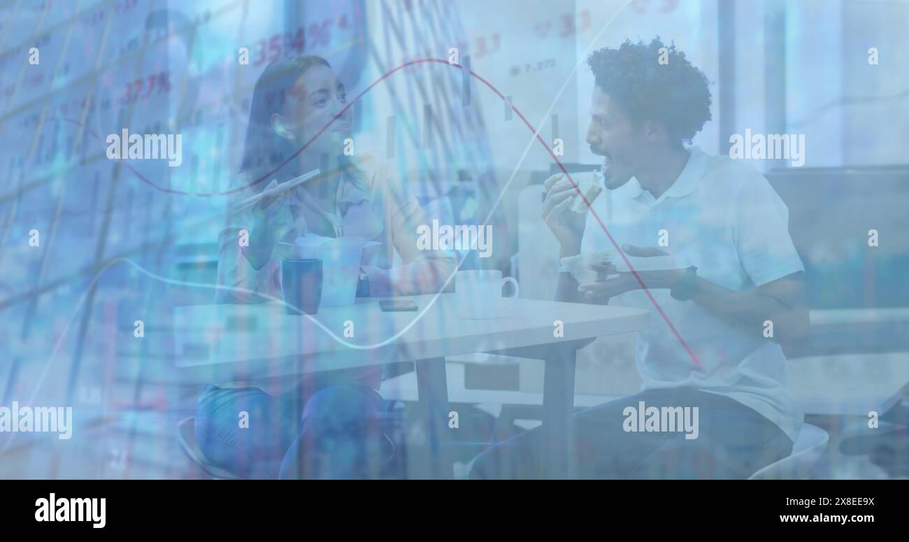 Image Of Statistical Data Processing Over Diverse Man And Woman Having Lunch Together At Office