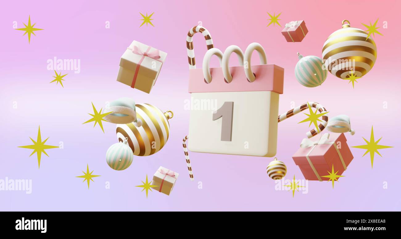 Image of calendar over christmas decorations on pink background Stock ...