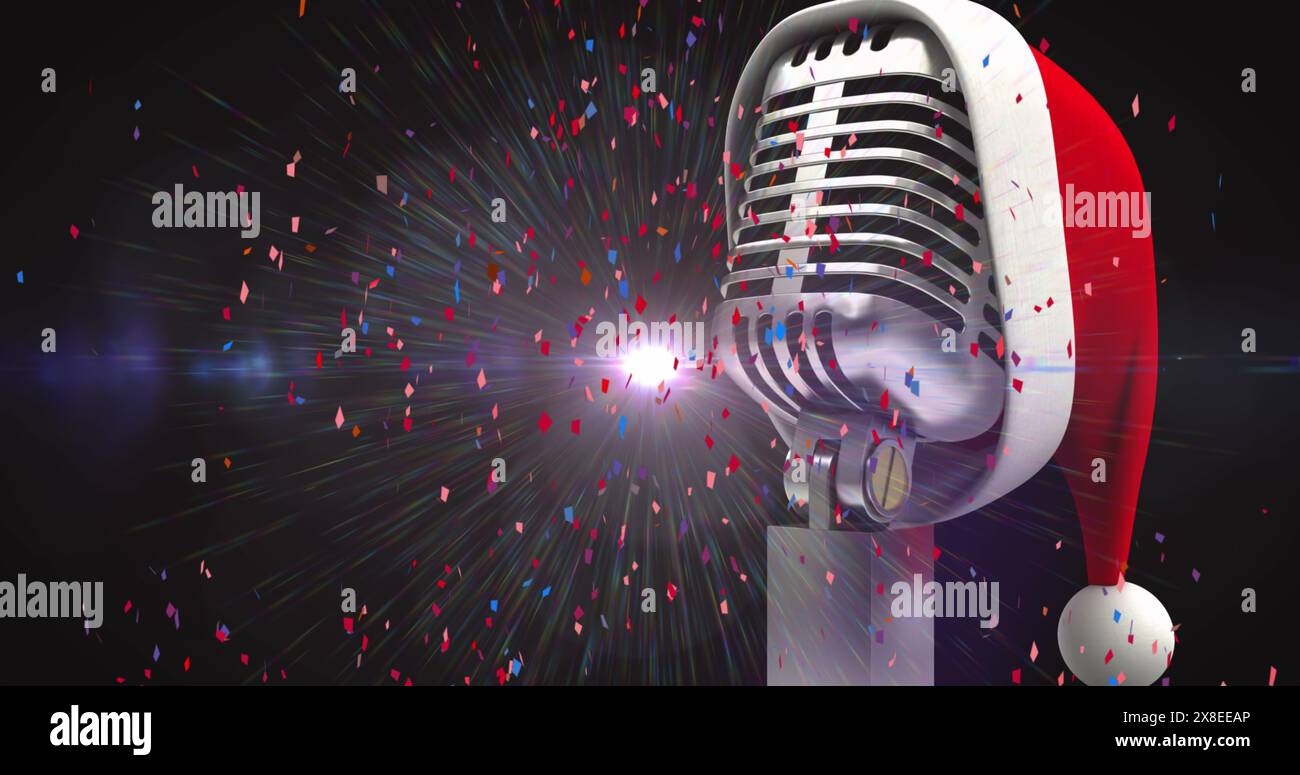 Image of confetti falling over santa hat on microphone and light spot ...
