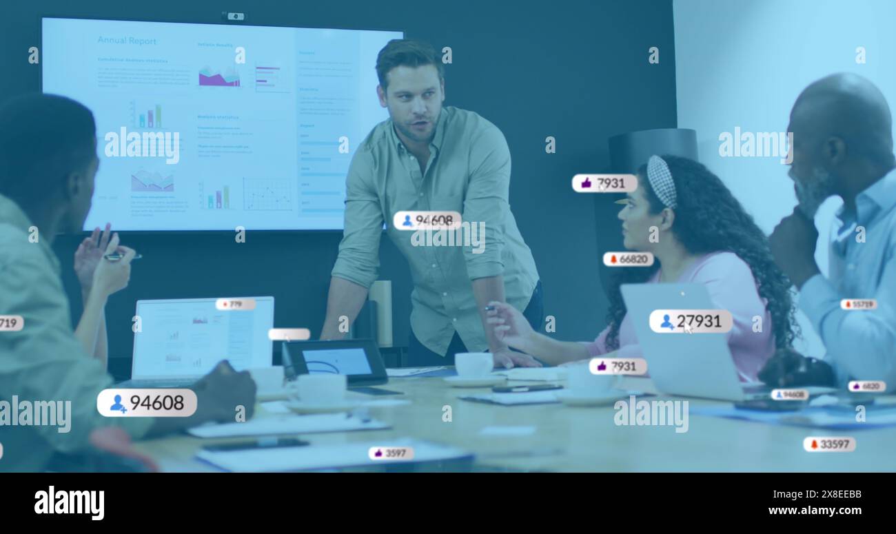 Image of social media icons with numbers over diverse business people ...