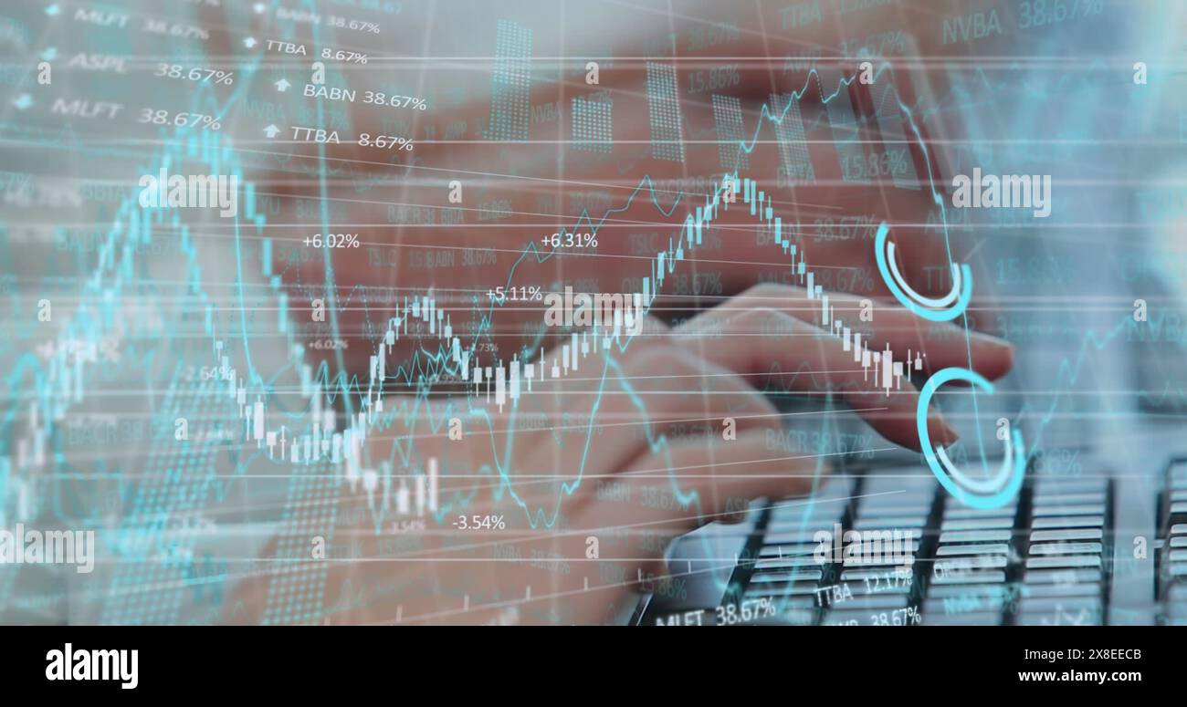 Image of trading board and graphs over diverse cropped hands typing on ...