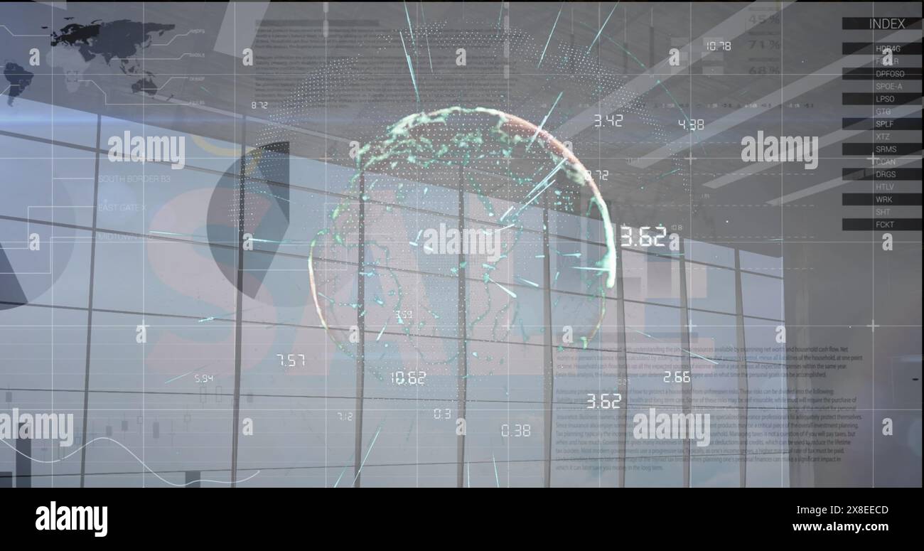 Image of infographic interface, globe with numbers, sale text over ...