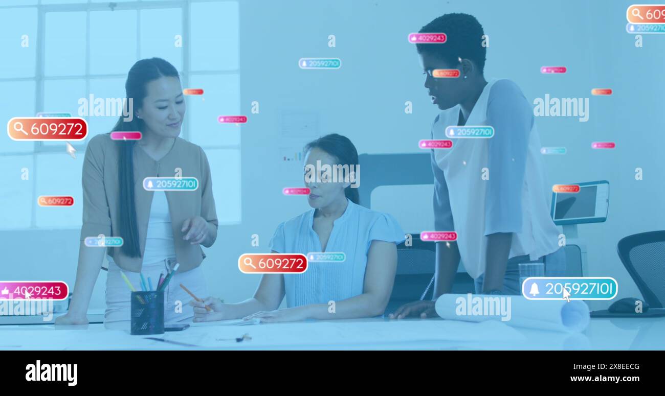 Image of social media icons with numbers over diverse business people ...