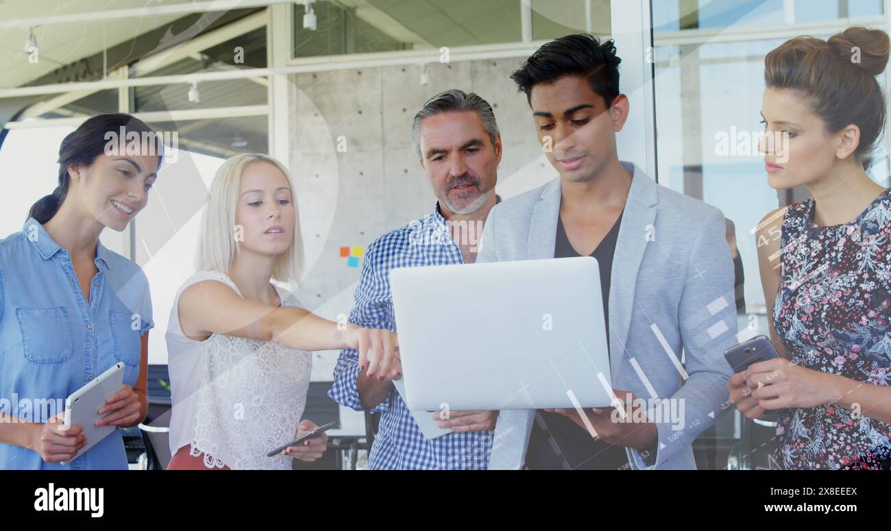 Image Of Statistical Data Processing Over Diverse Colleagues Discussing Over A Laptop At Office