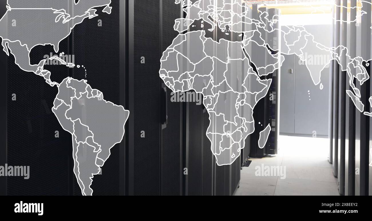 Image of map against server room in background Stock Photo - Alamy