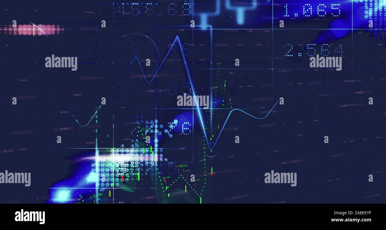 Image of graphs and financial data over world map and blue and black ...