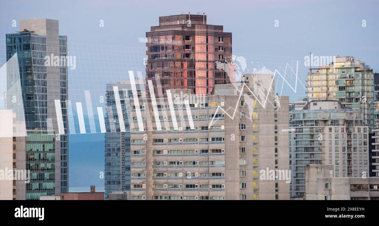 Image of multiple graphs and map over aerial view of modern buildings ...