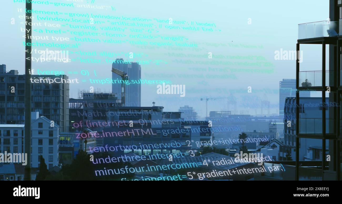 Image of computer language over modern buildings in background Stock ...