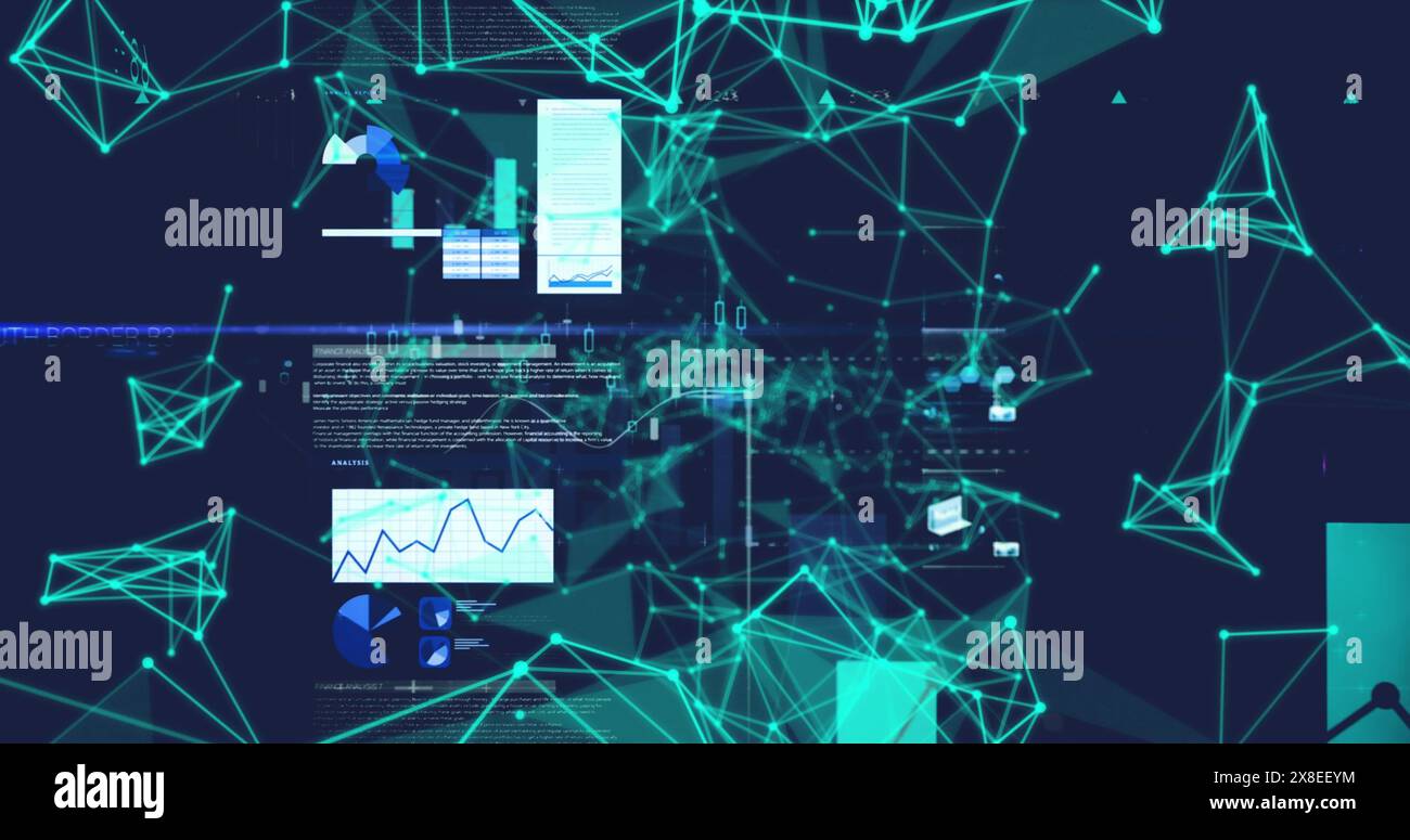 Image Of Plexus Networks Over Screens With Data Processing Against Blue