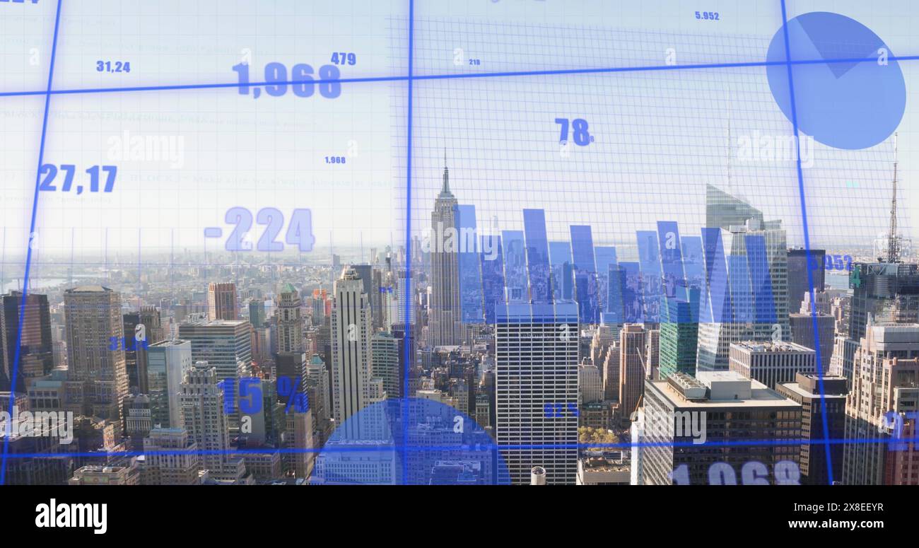 Image of changing numbers, graphs over aerial view of modern cityscape ...