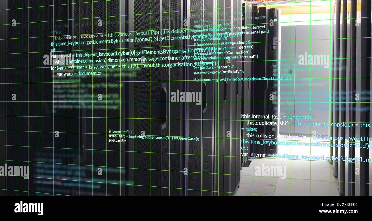 Image of grid pattern over computer language against server room in background Stock Photo - Alamy