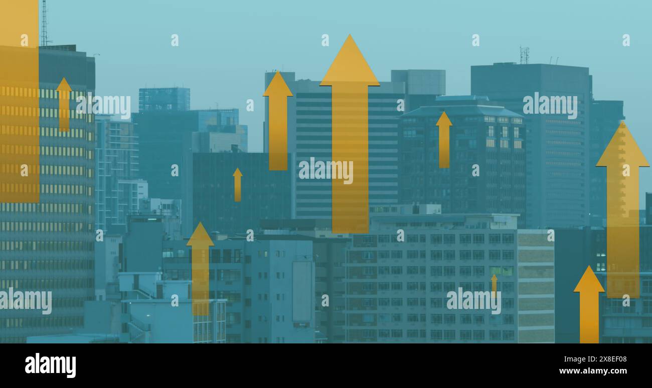 Image of multiple yellow arrow icons moving upwards against aerial view ...