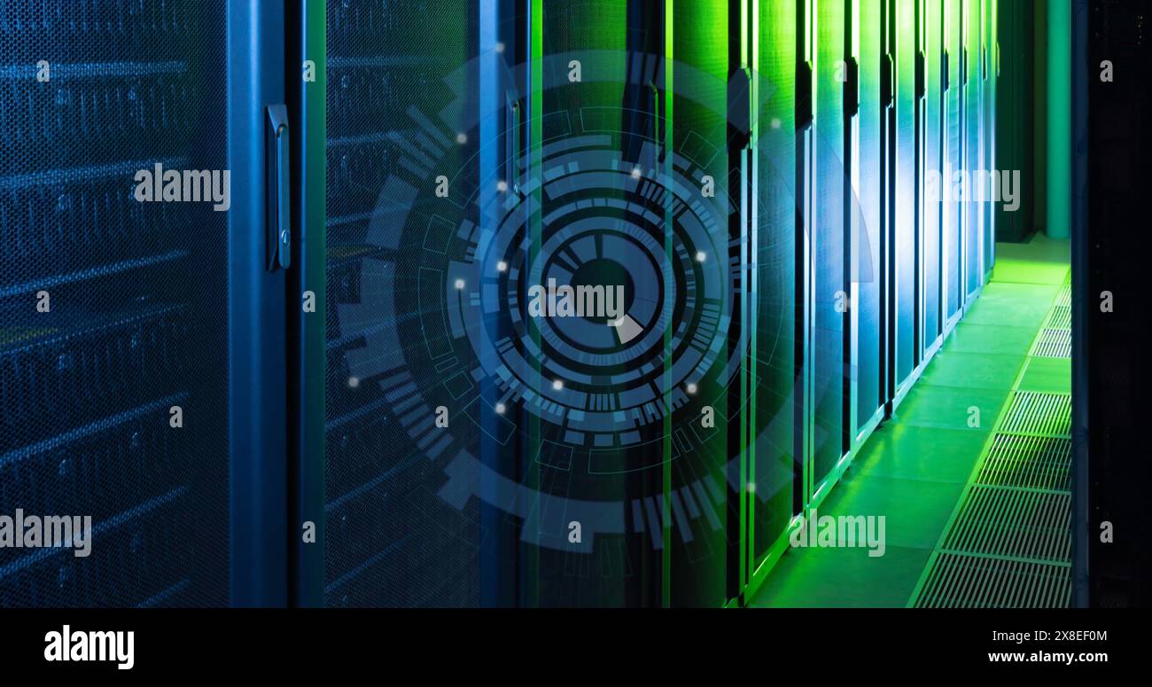 Image of moving circles forming tunnel over illuminated server room in background Stock Photo ...