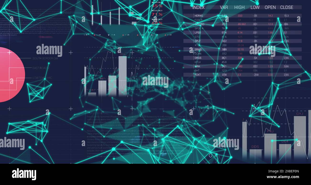 Image of plexus networks over statistical data processing against blue background. Global ...
