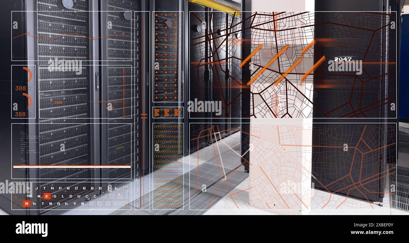 Image of interface with data processing against computer server room Stock Photo - Alamy