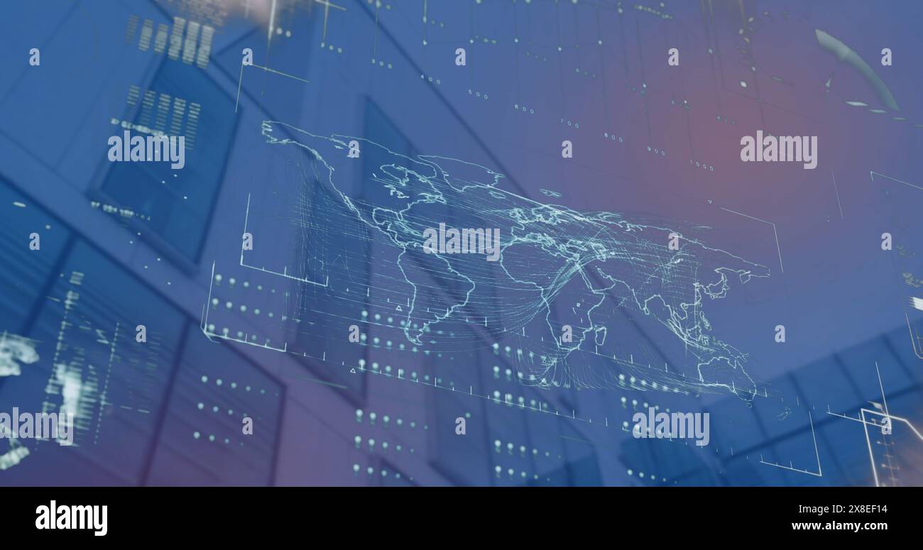 Image of interface with data processing over world map against low ...