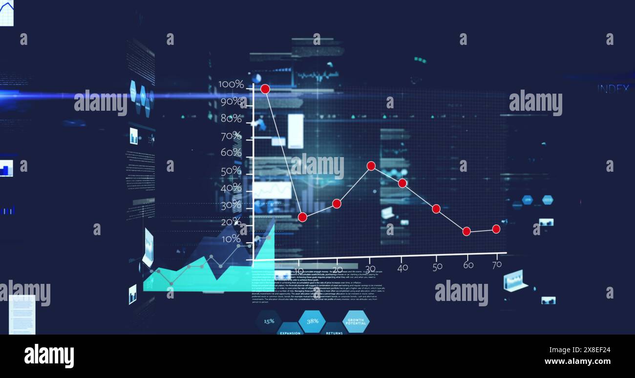 Image of screens with data processing and light spot against blue ...