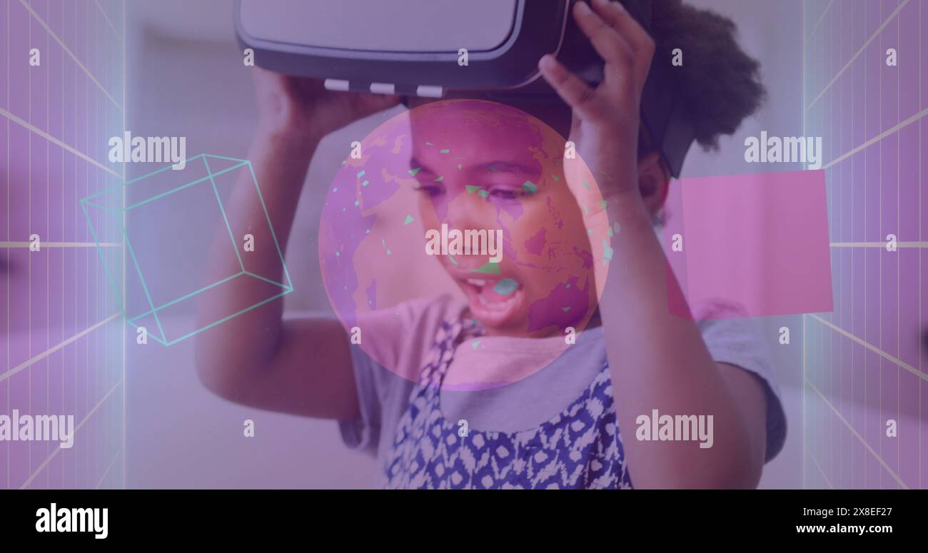 Image of shapes and globe over african american girl using vr headset ...