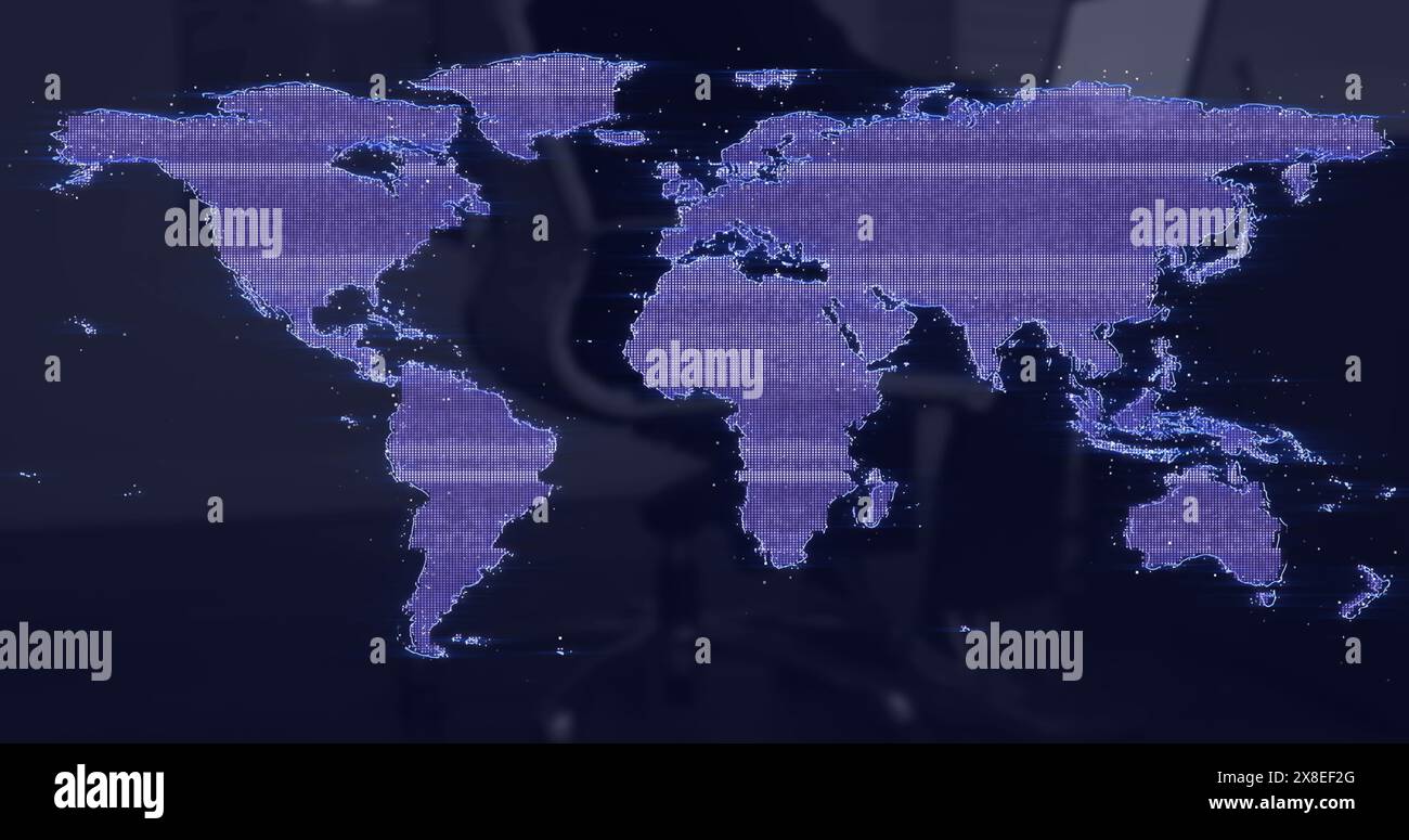 Image of glitch effect over world map against empty office Stock Photo ...