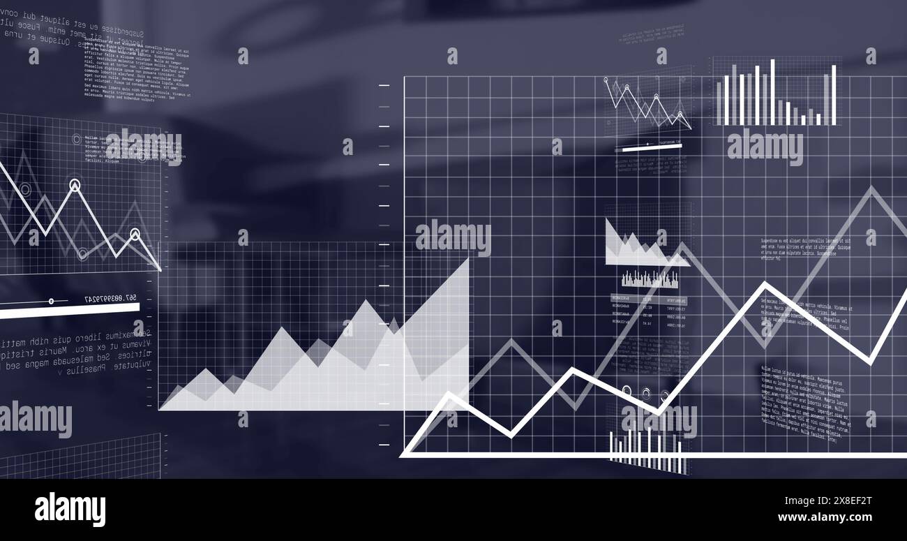 Image of screens with statistical data processing against empty office Stock Photo - Alamy