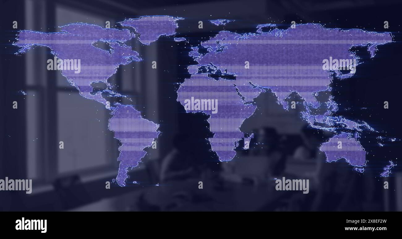 Image of glitch effect over world map against empty office Stock Photo ...