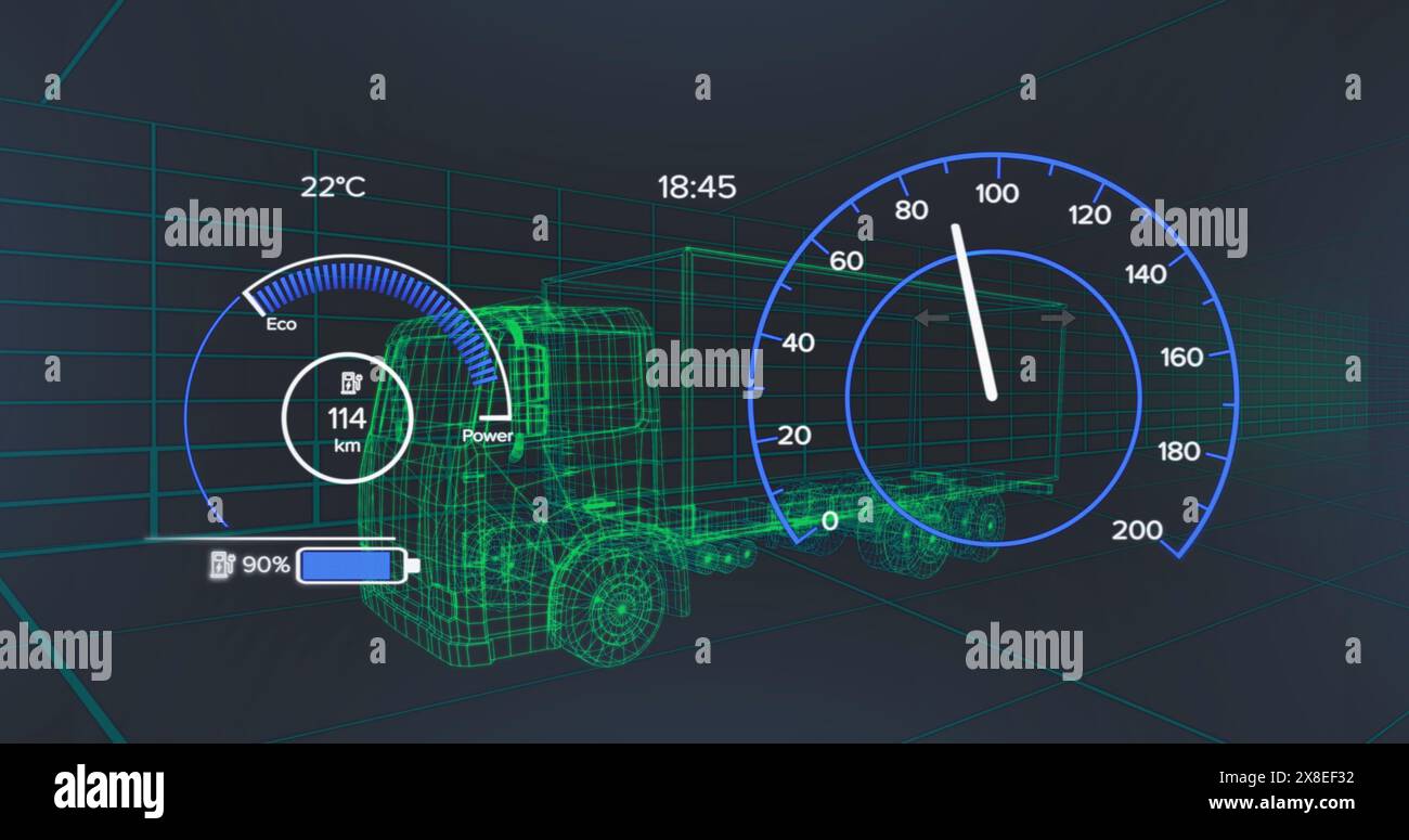 Image of speedometer data processing over 3d truck drawing Stock Photo - Alamy