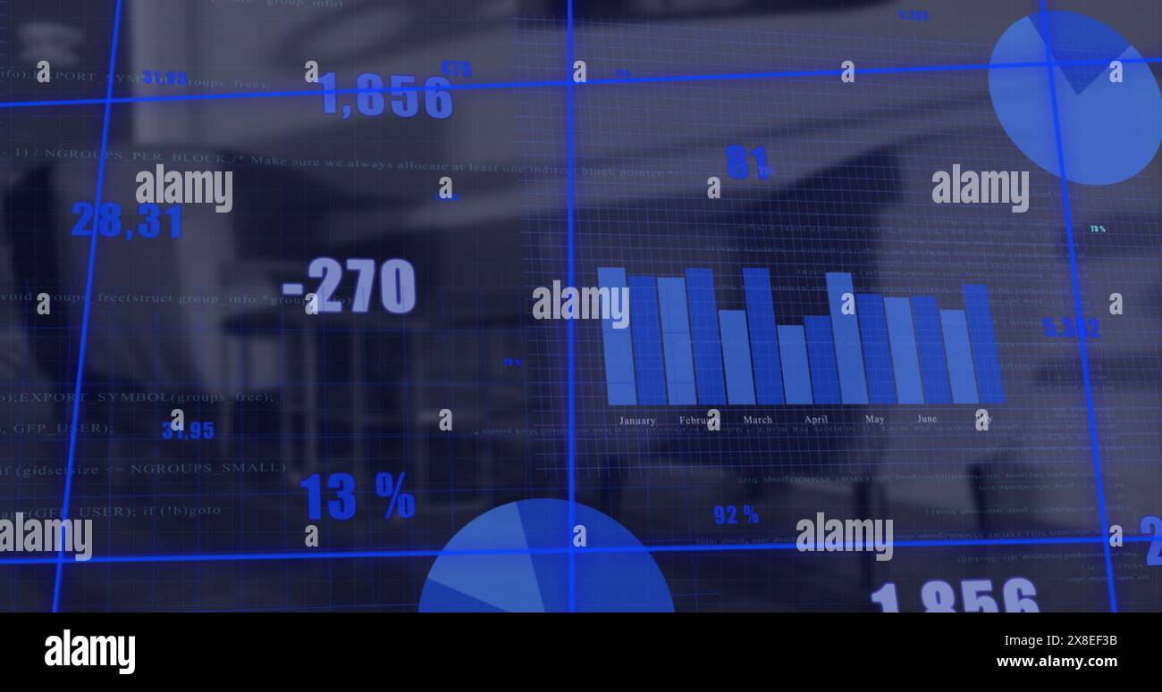 Image of multiple graphs with changing numbers, computer language over empty office Stock Photo ...