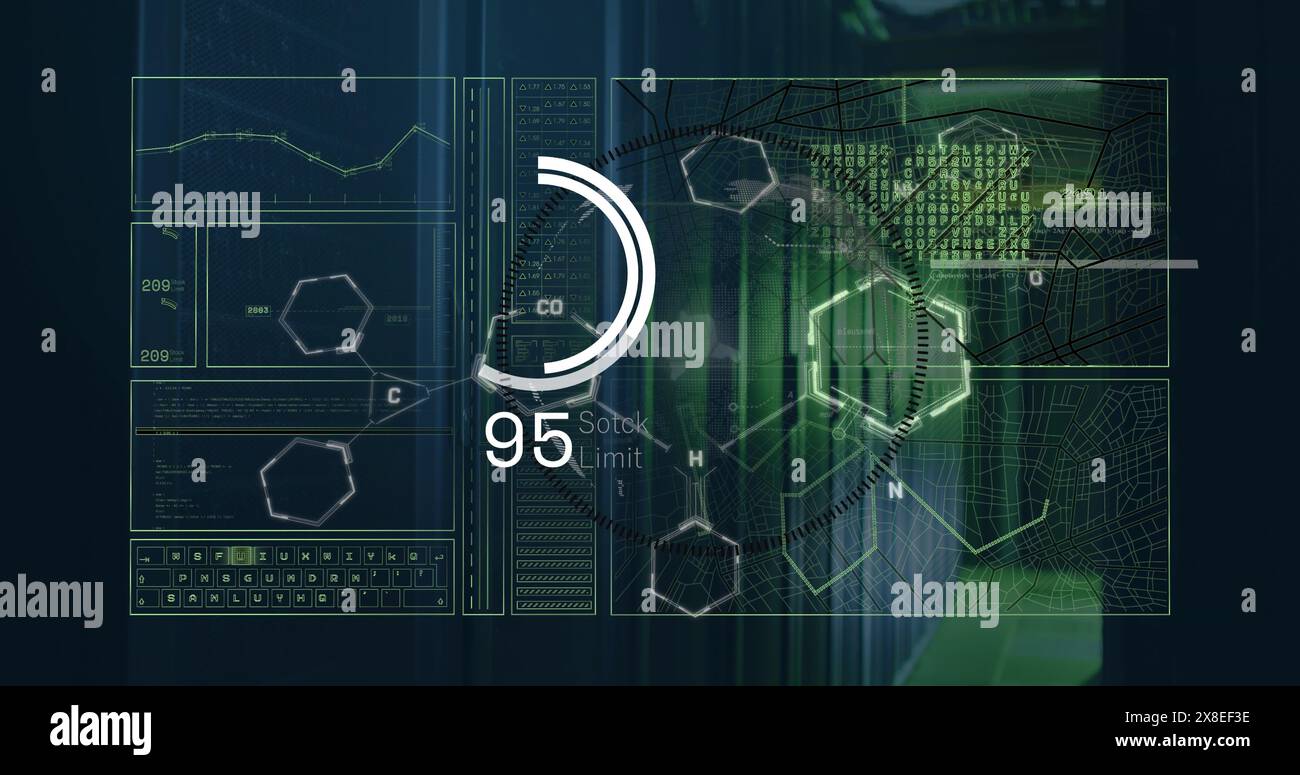 Image of interface with data processing over spinning globe against computer server room Stock ...