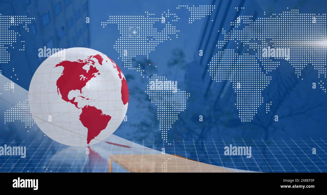 Image of spinning globe and world map against low angle view of tall ...