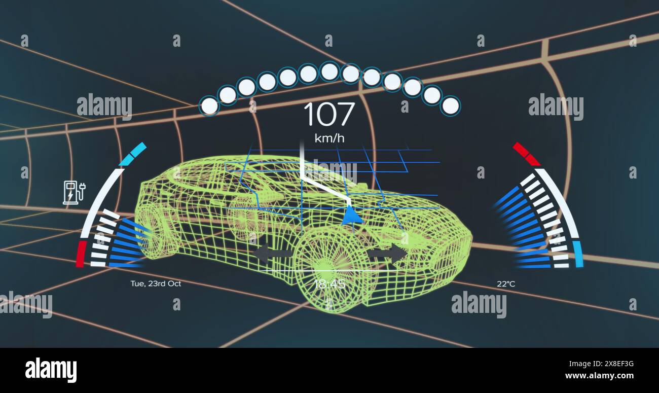 Image of speedometer data processing over 3d car drawing Stock Photo ...