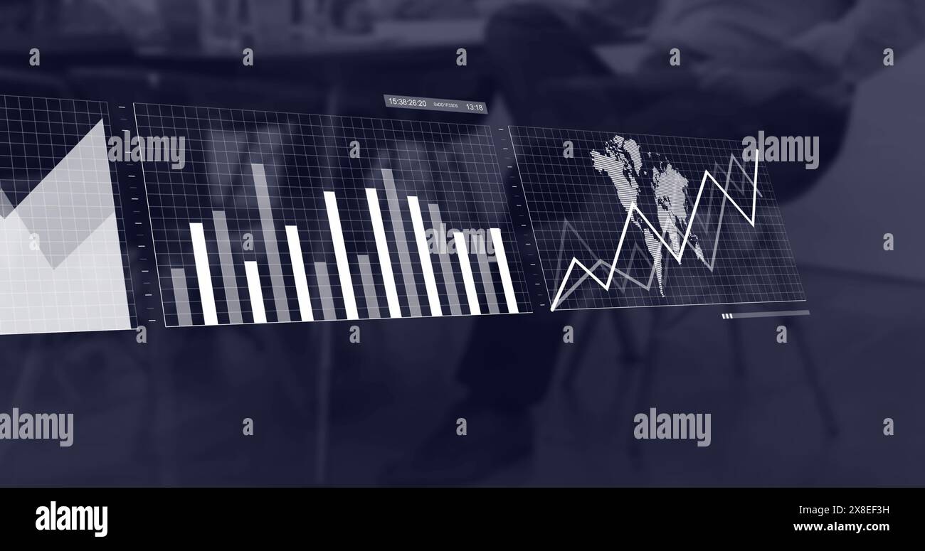 Image of multiple graphs and map over midsection of businessman sitting ...