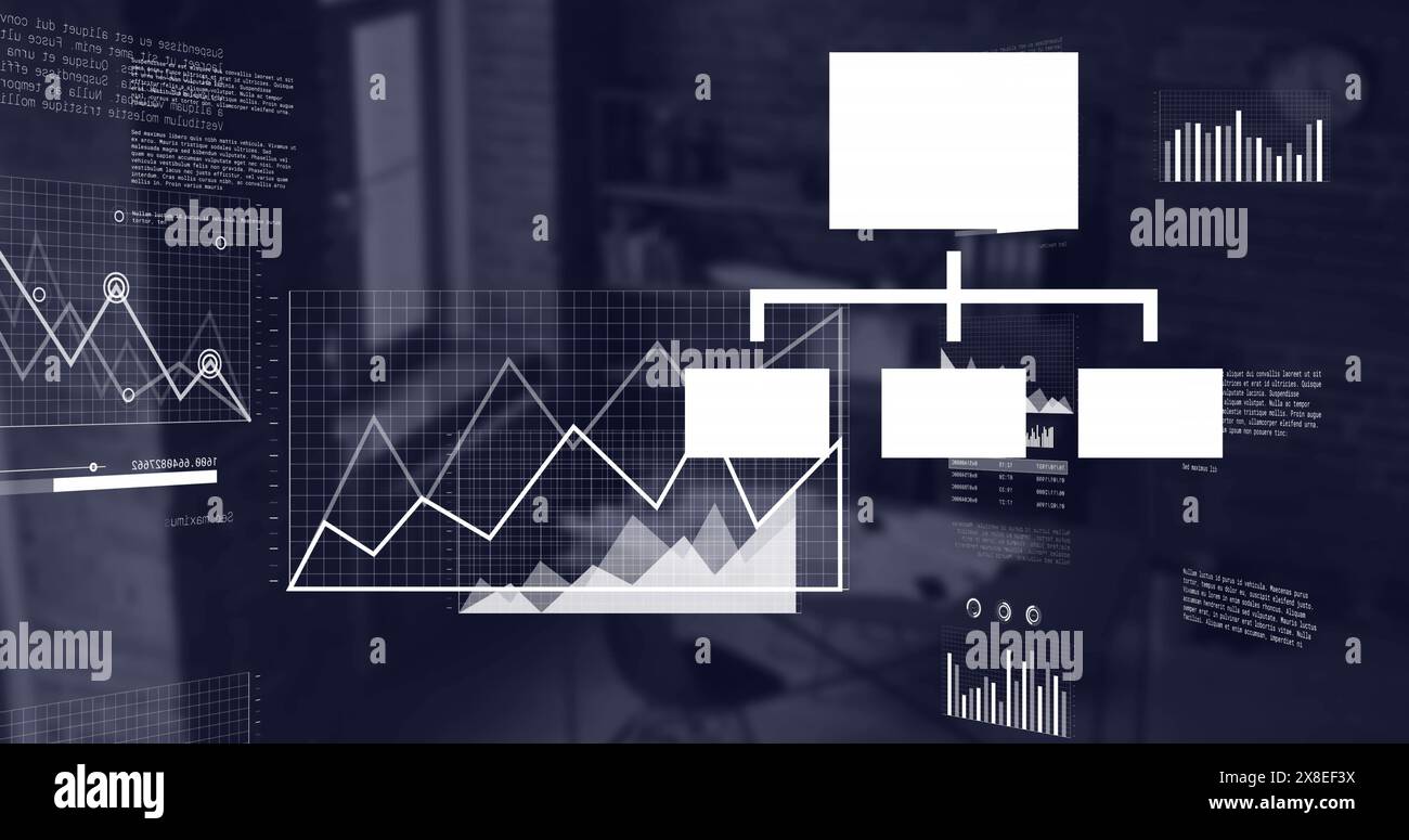 Image of screens with statistical data processing against empty office Stock Photo - Alamy